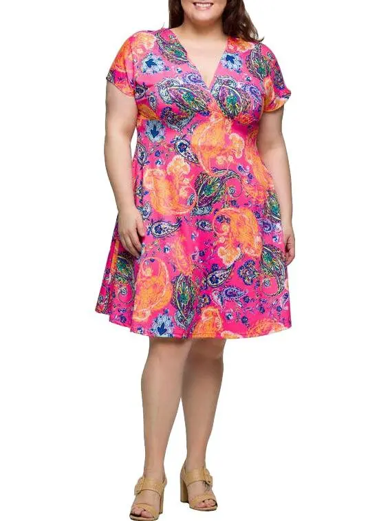 24SEVEN COMFORT APPAREL Printed Surplice V-neck Dress - Pink Multi