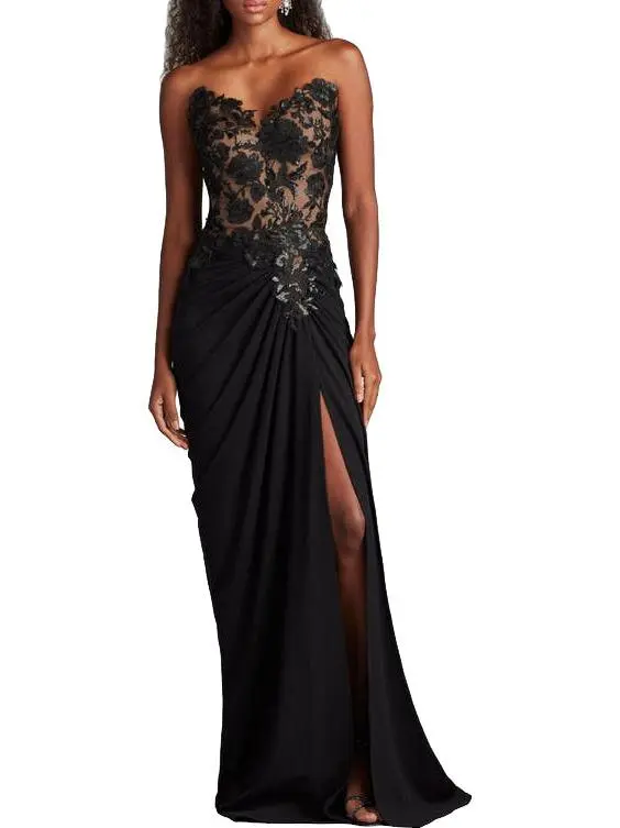 Tadashi Shoji Sequin Embroidered Strapless Gown - Black/nude