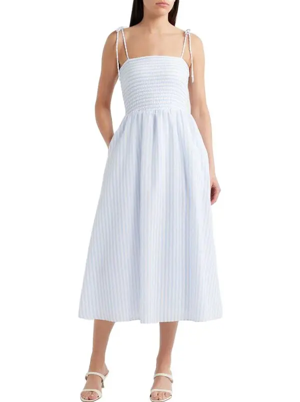 Julia Jordan Tie Shoulder Smocked Midi Dress - Blue White