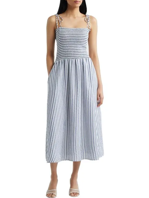 Julia Jordan Tie Shoulder Smocked Midi Dress - Navy White