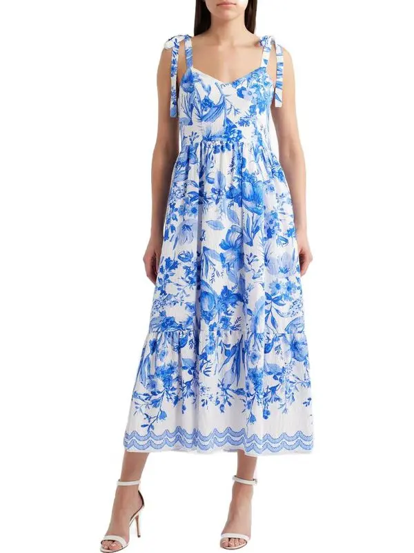 Sam Edelman Floral Toile Corset Sundress - White/ Blue