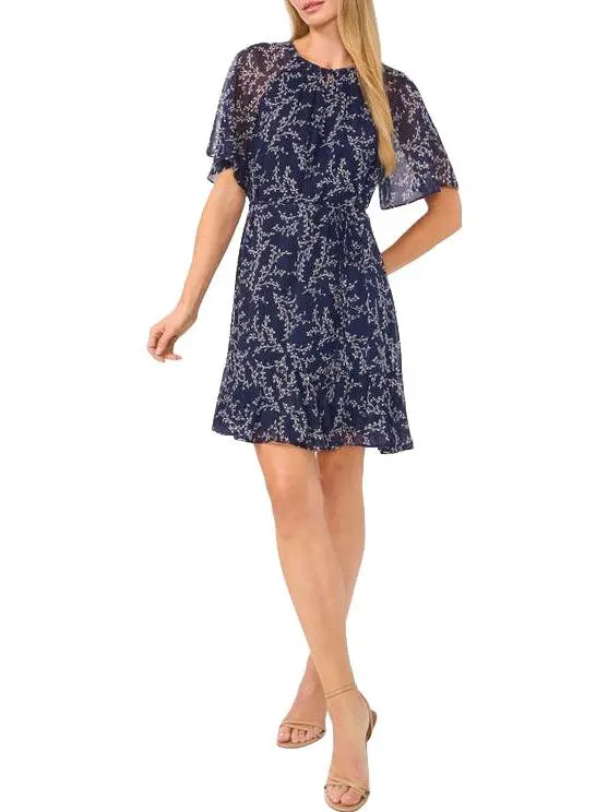 CECE DUPRAZ Floral Flutter-sleeve Ruffle-hem Dress - Classic Navy