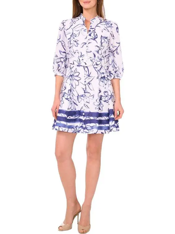 CECE DUPRAZ Floral Belted Cotton Shirtdress - Mosaic Sky