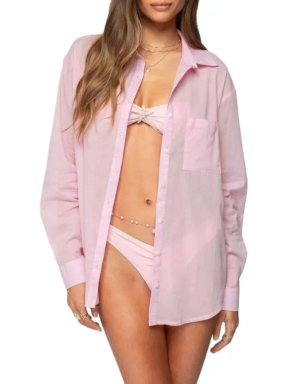 EDIKTED Kellen Oversize Cotton Button-up Shirt - Pink