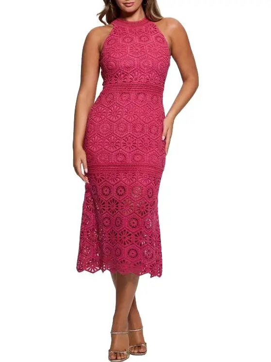 Guess Nicki Lace Overlay Midi Dress - Pink Punch