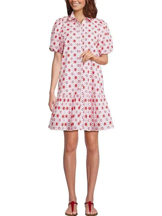 LANDS' END Eyelet Shirtdress With Elbow Sleeves - White/poppy Mosaic Eyelet