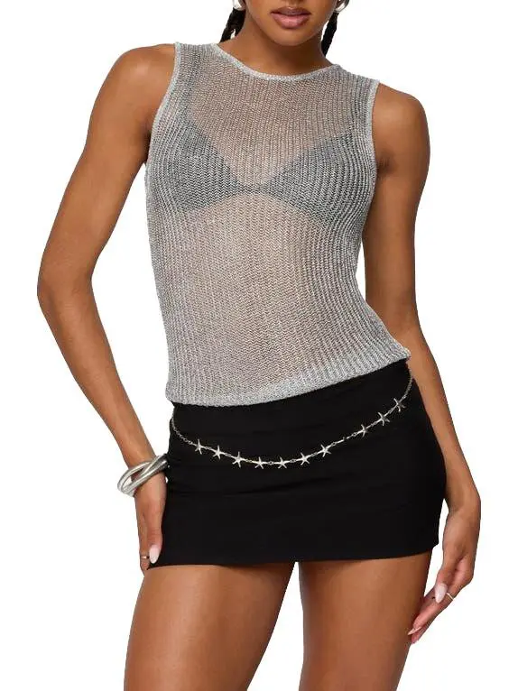 EDIKTED Amalya Shiny Open Stitch Mesh Tank - Silver