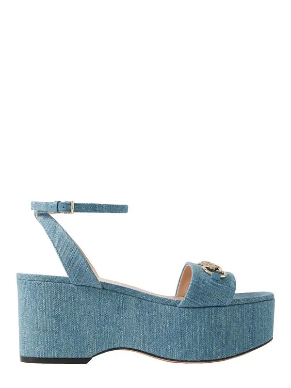 Gucci Horsebit-embellished Denim Platform Sandals - Blue