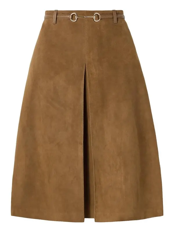 Gucci Horsebit-detailed Leather-trimmed Pleated Suede Midi Skirt - Brown