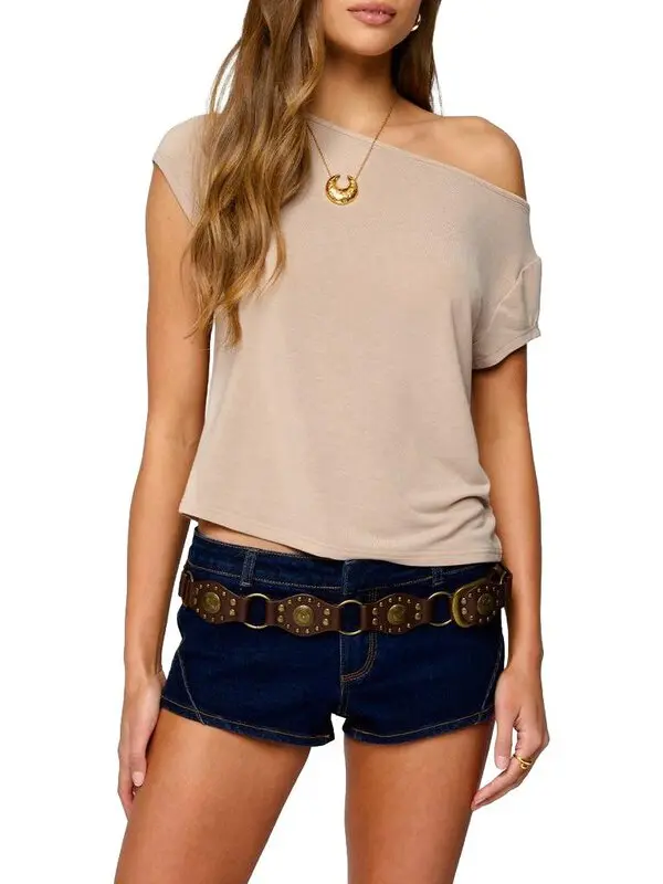 EDIKTED Anabella Off-the-shoulder T-shirt - Beige
