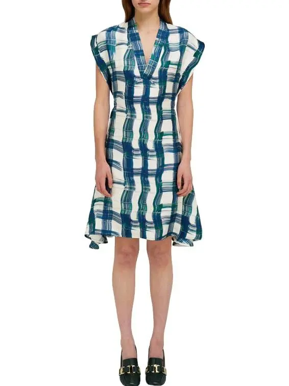 FERRAGAMO Brushstroke Tartan Silk Dress - New Navy/ Moss