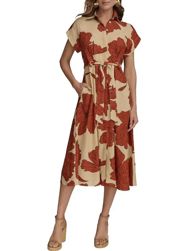 Donna Karan New York Drawstring Waist Linen Blend Shirtdress - Cinnamon Multi