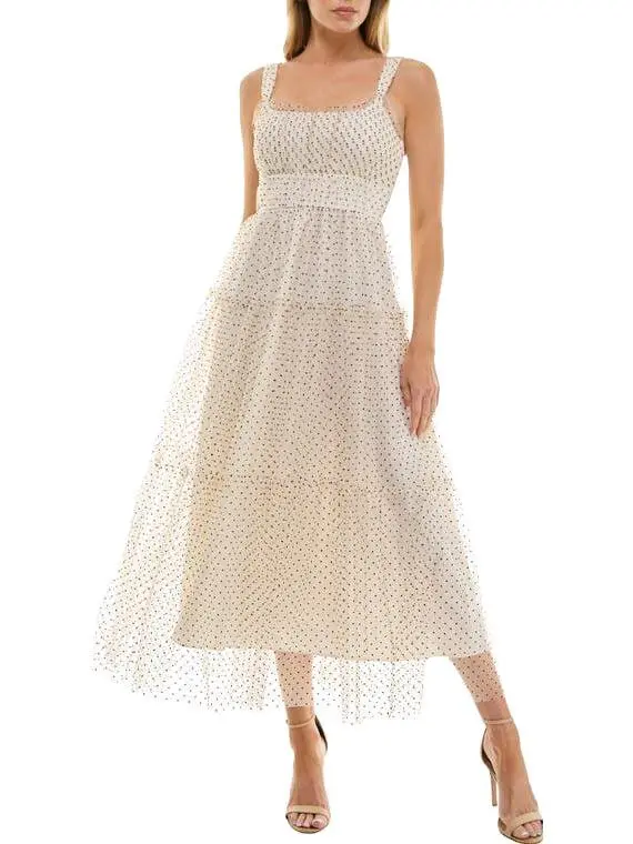 SOCIALITE Dot Mesh Empire Waist Gown - Ivory/ Black