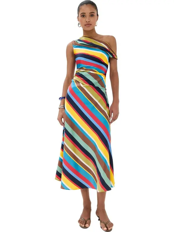 Staud Phare Silk One-shoulder Dress - Market Stripe