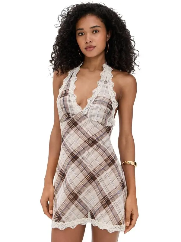 Lioness Stars Align Mini Dress - Tan Plaid