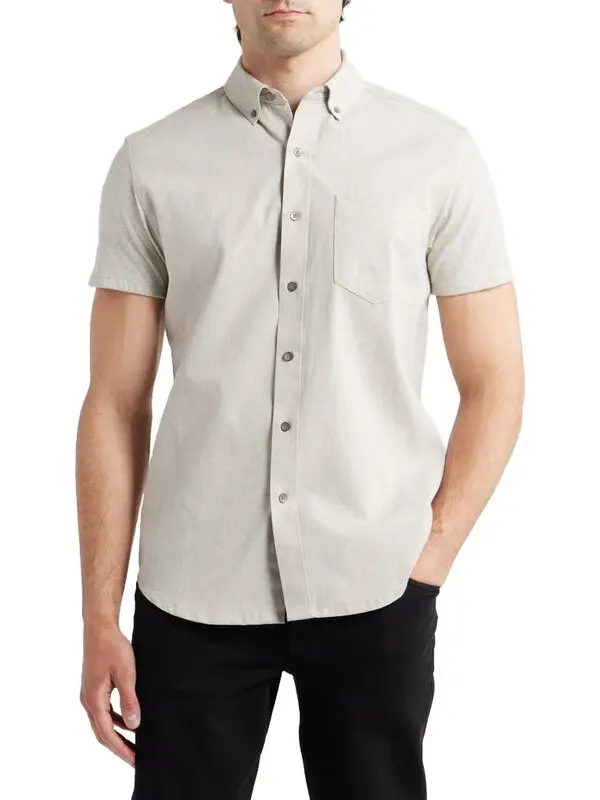 W.R.K Reworked Slim Fit Solid Short Sleeve Cotton Button-down Shirt - Taupe
