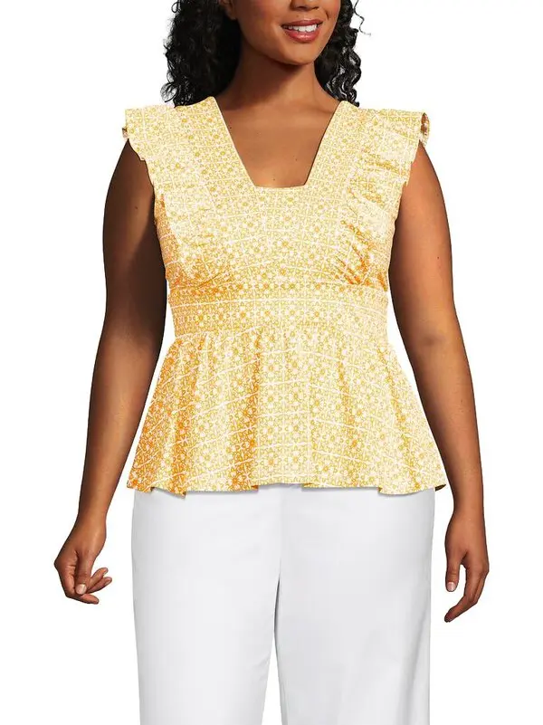 LANDS' END Lightweight Jersey Ruffle Peplum Top - Bright Lemon Mosaic