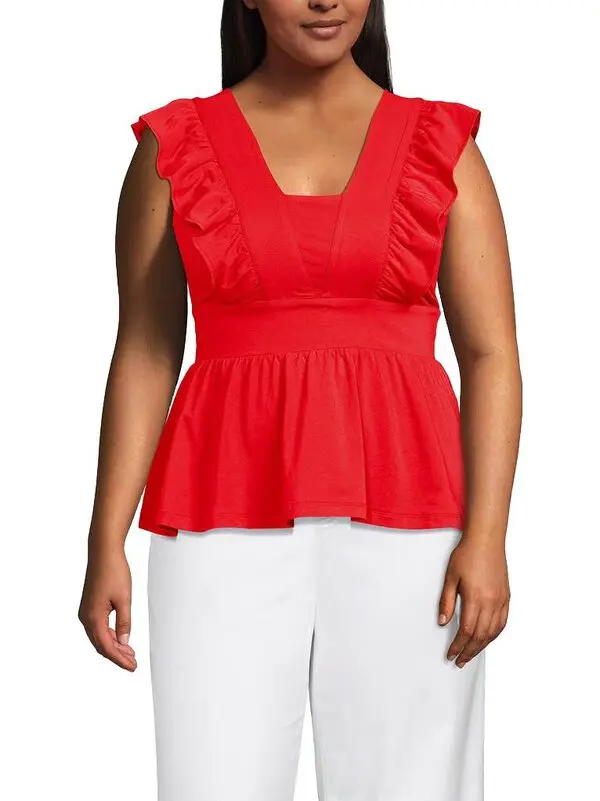 LANDS' END Lightweight Jersey Ruffle Peplum Top - Bright Poppy