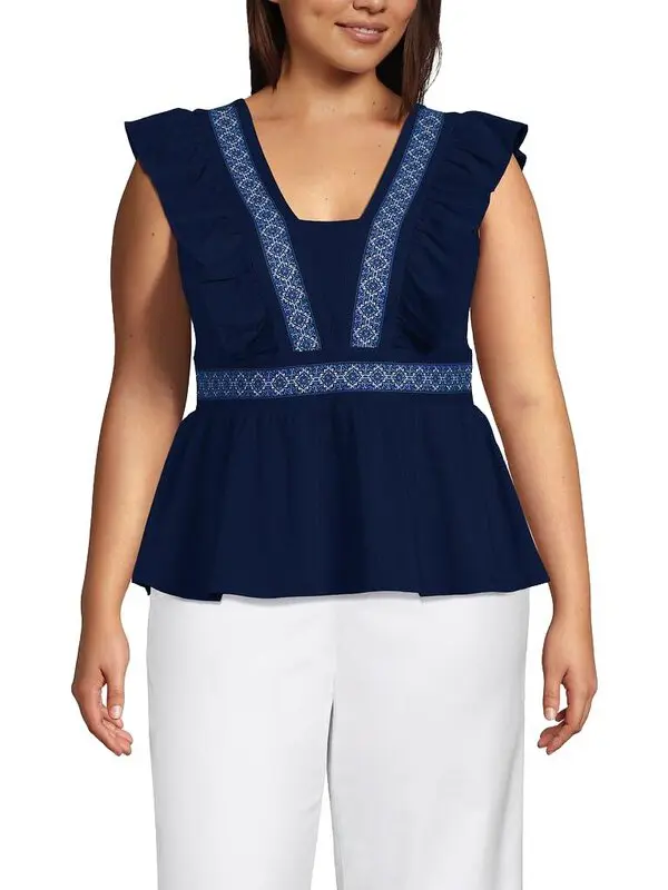 LANDS' END Lightweight Jersey Ruffle Peplum Top - Deep Sea Mosaic Tile Border