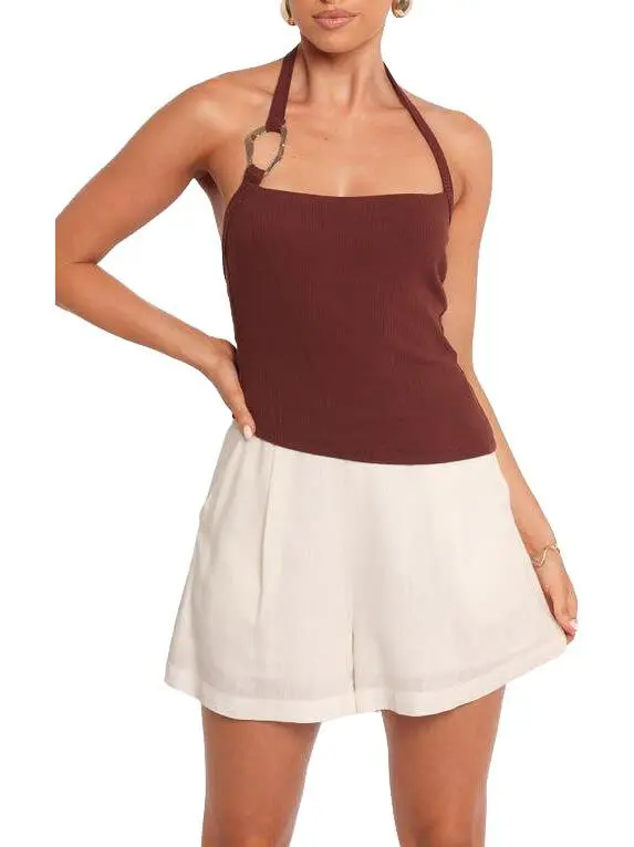 PETAL & PUP Asymmetric Rib Halter Top - Chocolate Brown