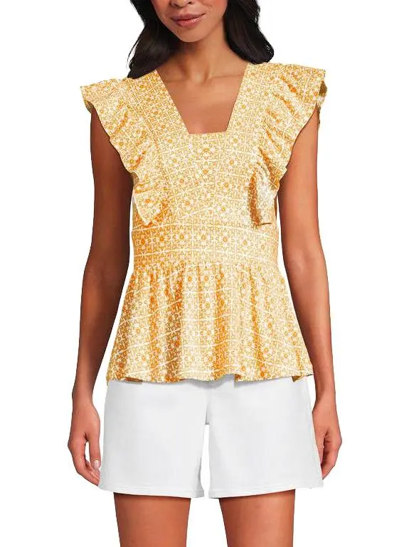 LANDS' END Lightweight Jersey Ruffle Peplum Top - Bright Lemon Mosaic