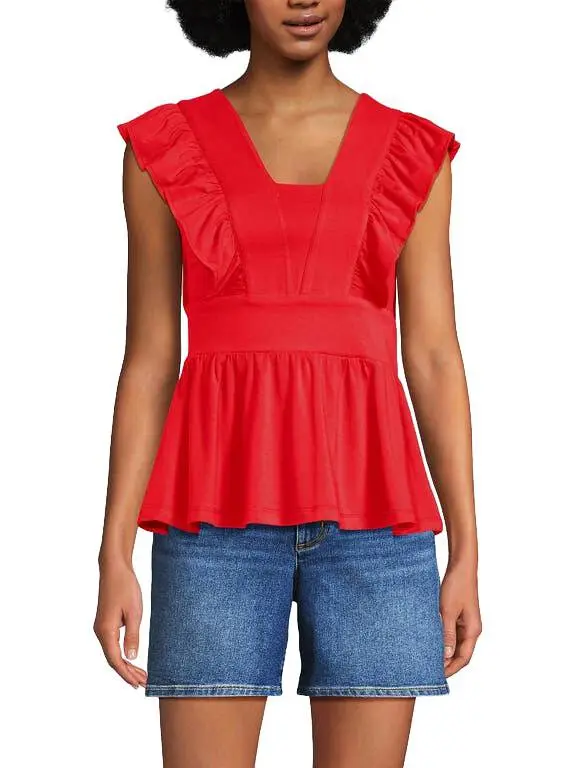 LANDS' END Lightweight Jersey Ruffle Peplum Top - Bright Poppy