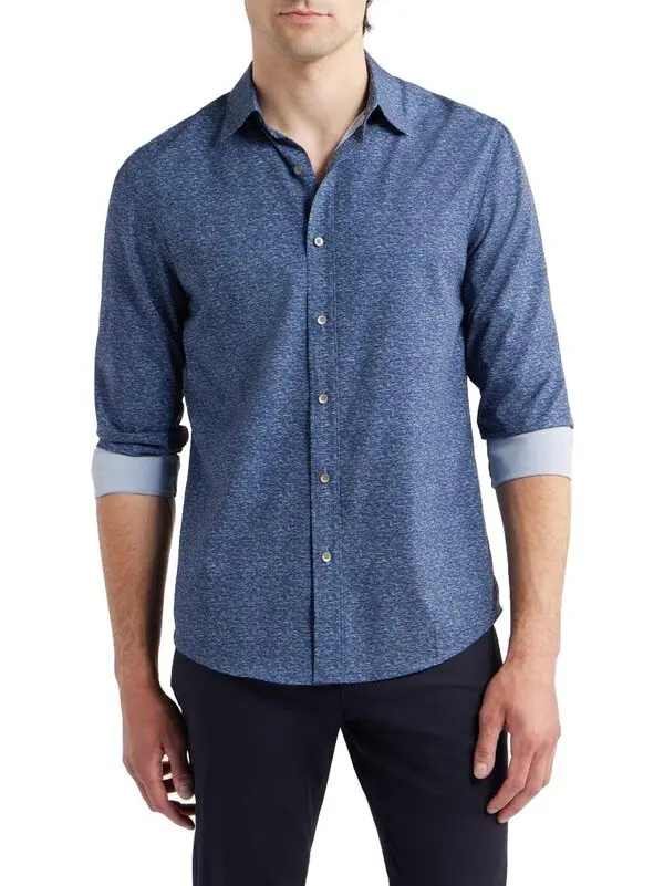 W.R.K Trim Fit Mélange Performance Button-up Shirt - Navy