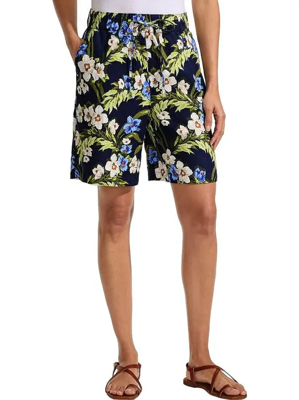 LANDS' END Linen High-rise 7" Shorts - Deep Sea/blue Floral Tropic