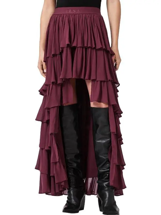 ALLSAINTS Cavarly Layered Ruffle High-low Maxi Skirt - Tawny Port Red