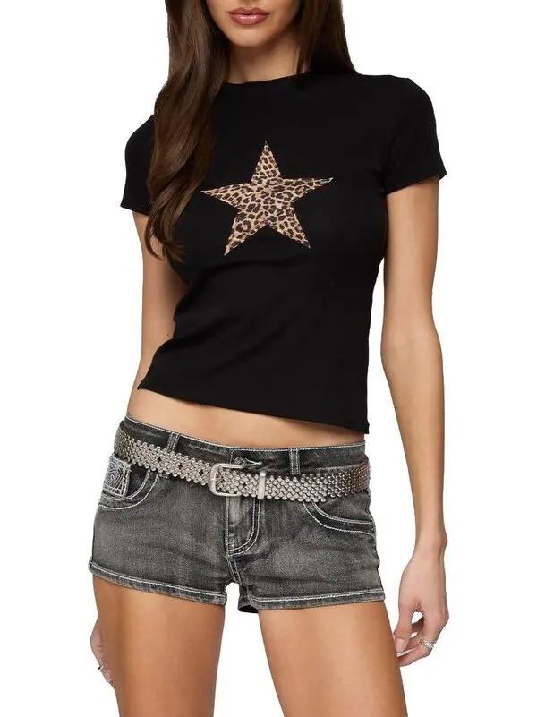 EDIKTED Leopard Print Star Cotton T-shirt - Black
