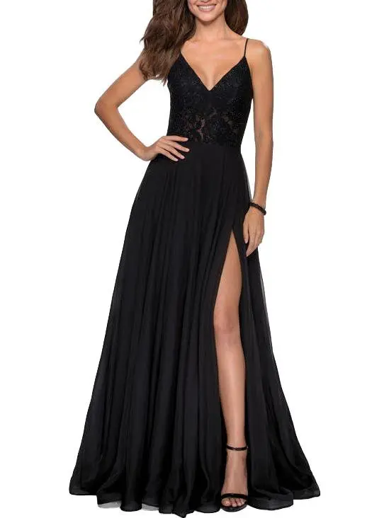 LABOMME Chiffon Prom Gown With Floral Lace Bodice - Black