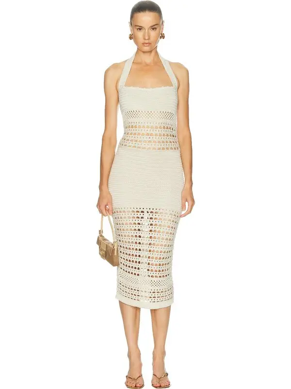 Retrofete Jaycee Halterneck Crochet Dress With Metallic Detailing - Bone