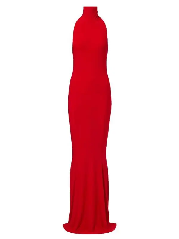Norma Kamali Halter Turtle Fishtail Gown - Tiger Red