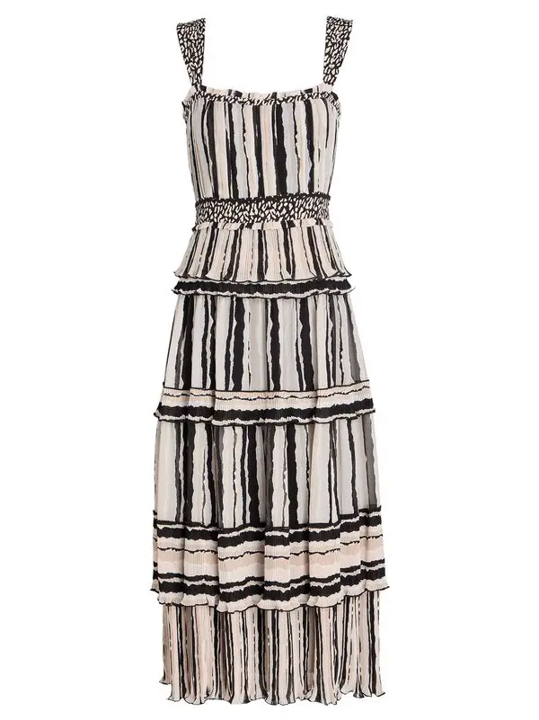 Diane Von Furstenberg Cato Tiered Striped Georgette Midi Dress - Black