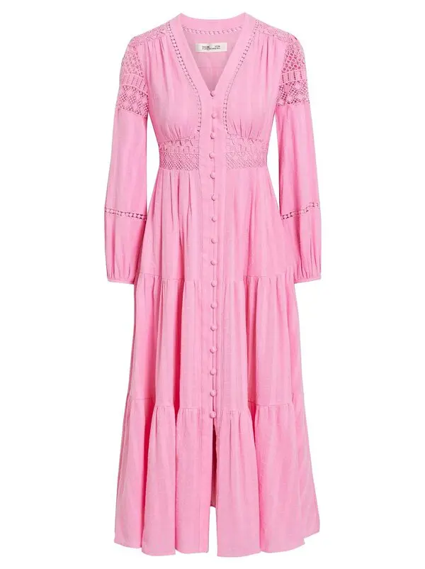 Diane Von Furstenberg Gigi Crocheted Lace-trimmed Cotton-jacquard Midi Dress - Pink