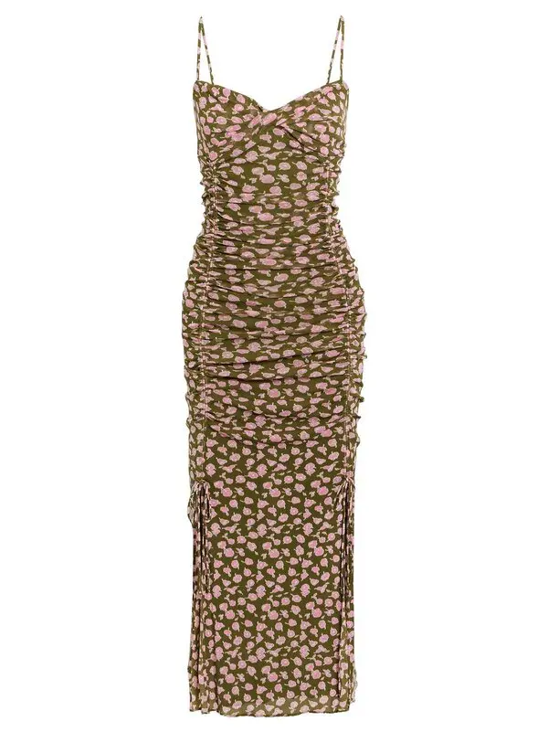 Diane Von Furstenberg Lester Ruched Printed Stretch-mesh Midi Dress - Army Green