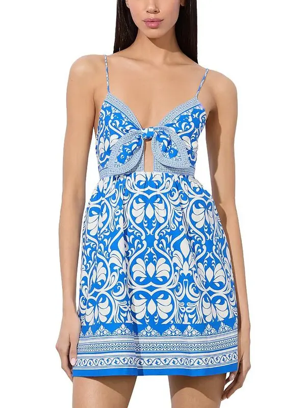 Alice + Olivia Melvina Tie Front Gathered Dress - Blue And White