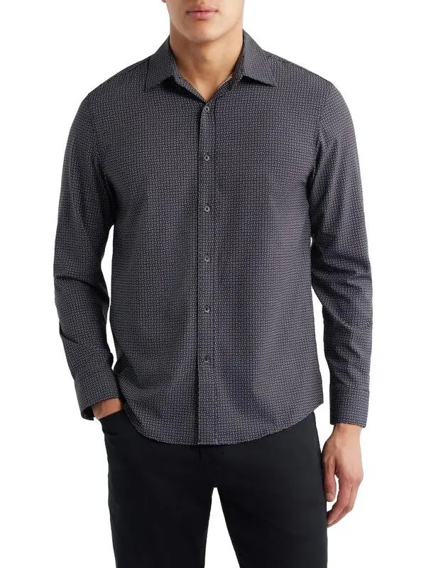 W.R.K Trim Fit Dash Duo Geo Print Performance Button-up Shirt - Black