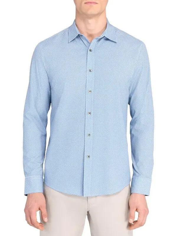 W.R.K Trim Fit Dash Duo Geo Print Performance Button-up Shirt - Blue