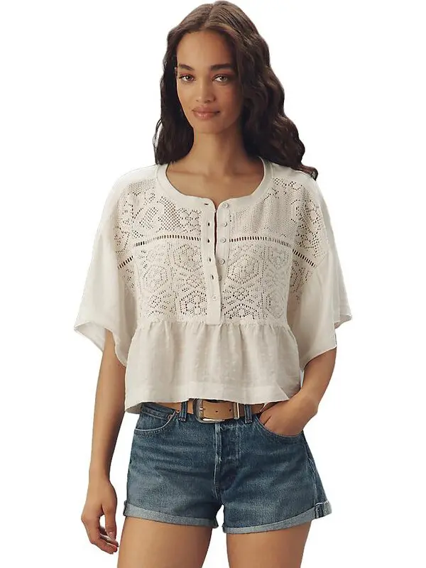 PILCRO Boxy Crochet Babydoll Blouse - White Swan