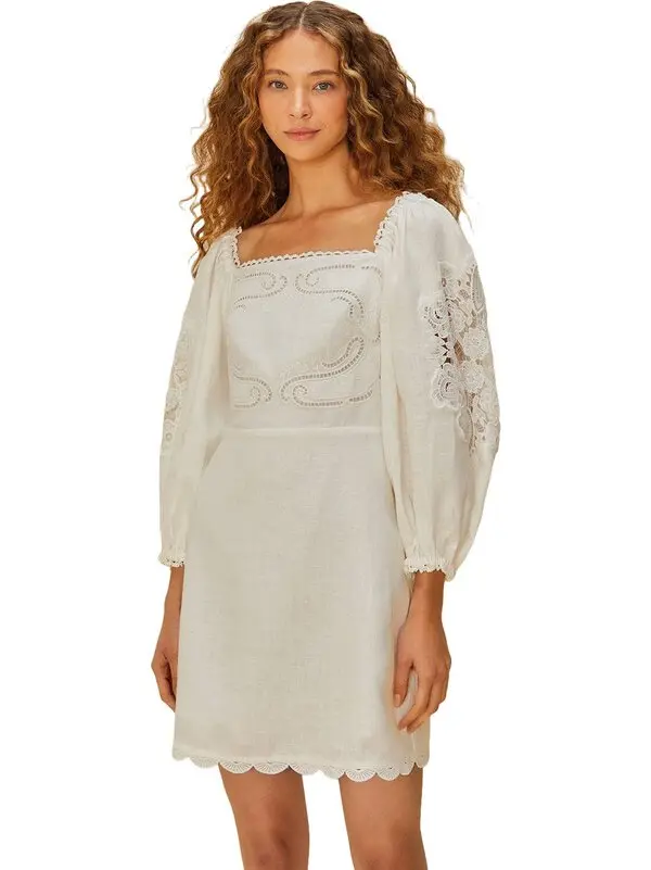 Farm Rio Embroidered Euroflax™ Premium Linen Mini Dress - White