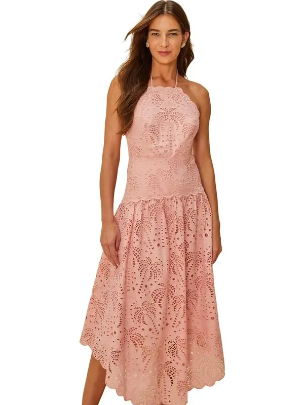 Farm Rio Palm Tree Eyelet Midi Dress - Blush Pink