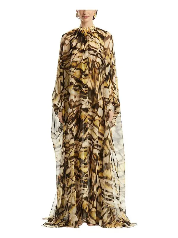 Oscar De La Renta Long Sleeve Abstract Butterfly Silk Chiffon Caftan - Black Multi