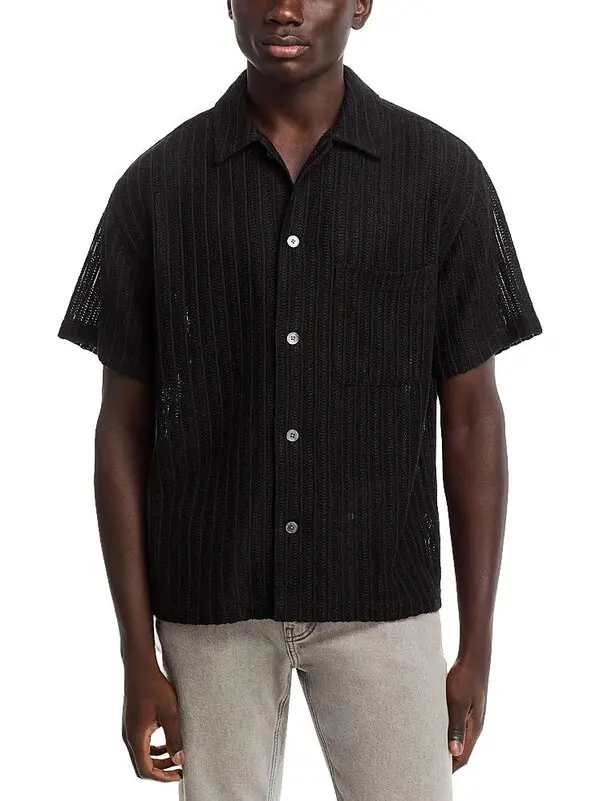 FRAME Crocheted Regular Fit Short Sleeve Cuban Shirt - Black