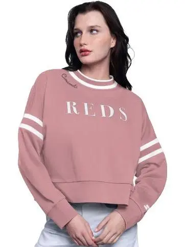 STARTER Cincinnati Reds Power Play Cropped Pullover Sweatshirt - Pink