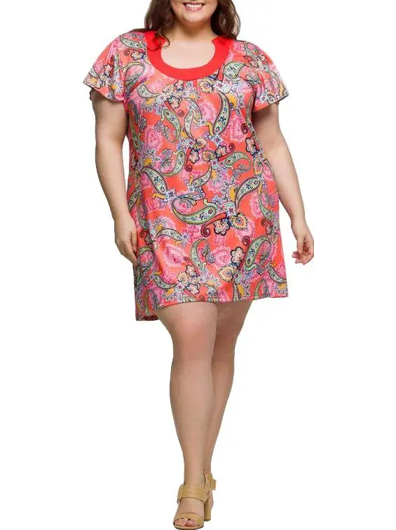 24SEVEN COMFORT APPAREL Paisley Flutter Sleeve Minidress - Pink Multi