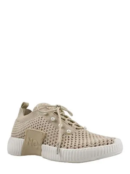 NATIONAL COMFORT Klarra Faux Pearl Embellished Knit Sneakers - Natural