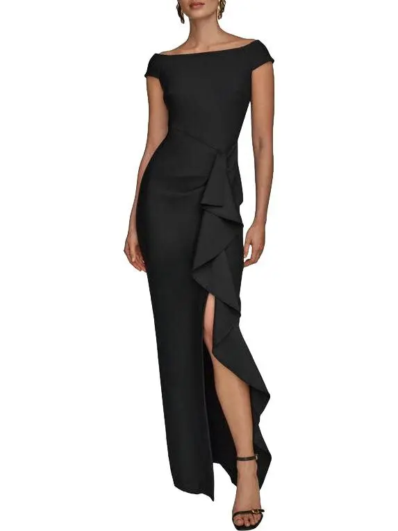 Donna Karan New York Off-the-shoulder Gown With Side Ruffle - Black