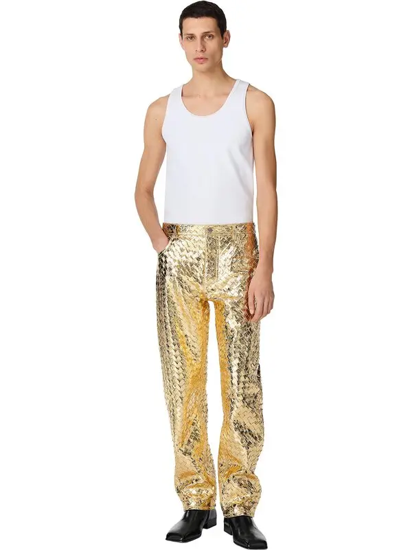 Bottega Veneta Laminated Intrecciato Leather Straight Pants - Metallic Gold