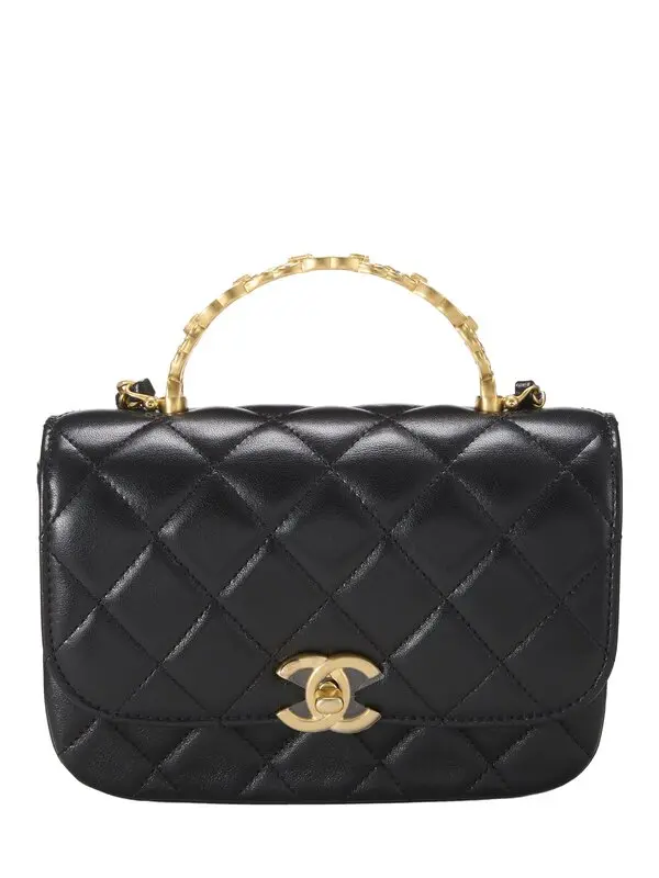 Chanel Lambskin Flap Bag With Top Handle - Black